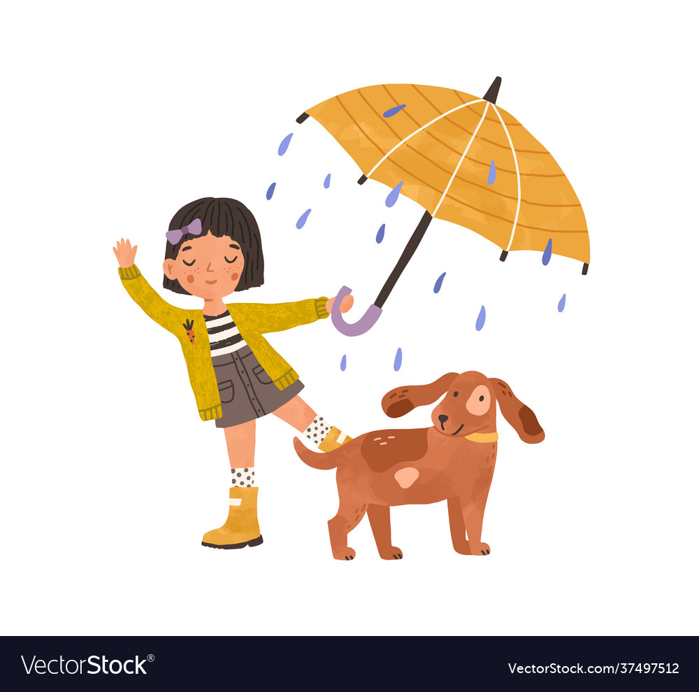 Happy girl walking with cute dog under umbrella Vector Image
