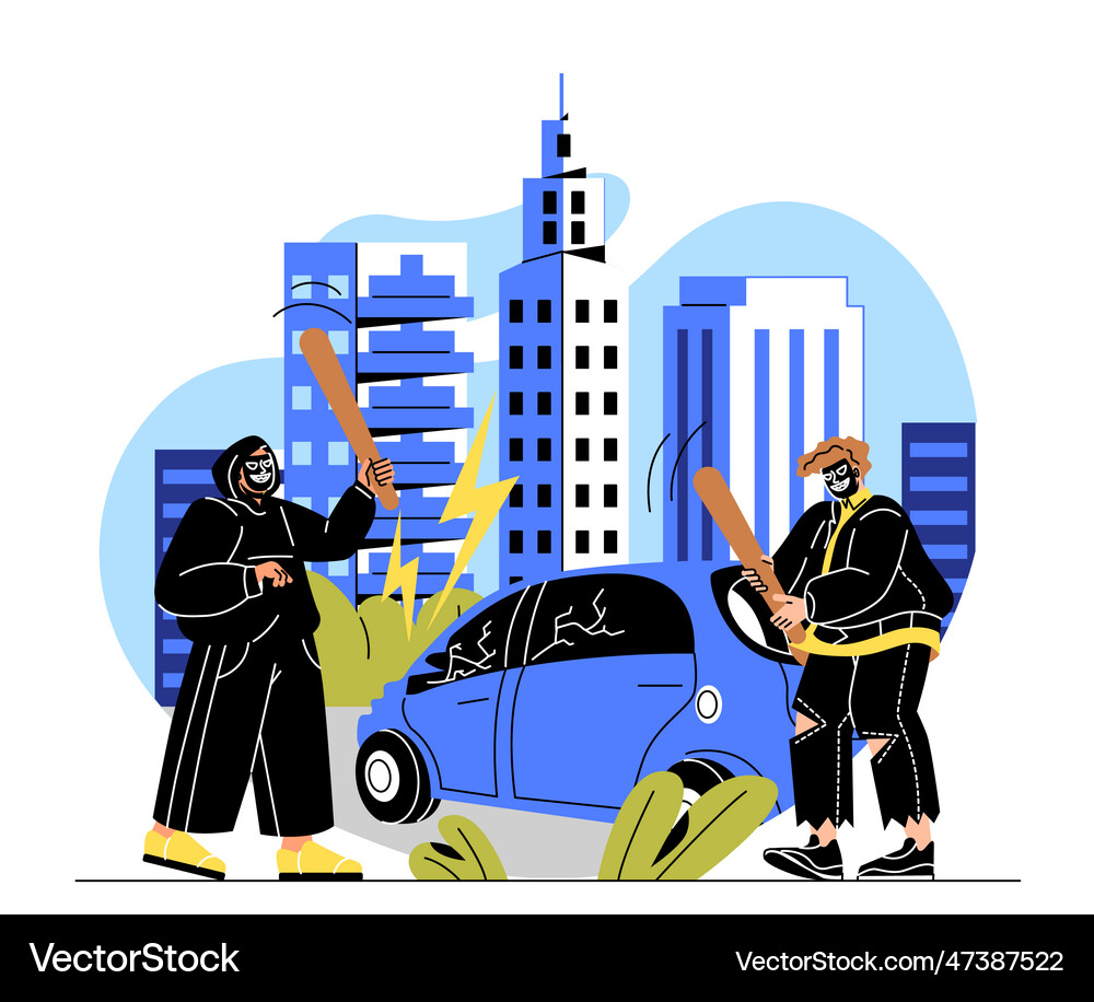 Vandals near broken car concept Royalty Free Vector Image