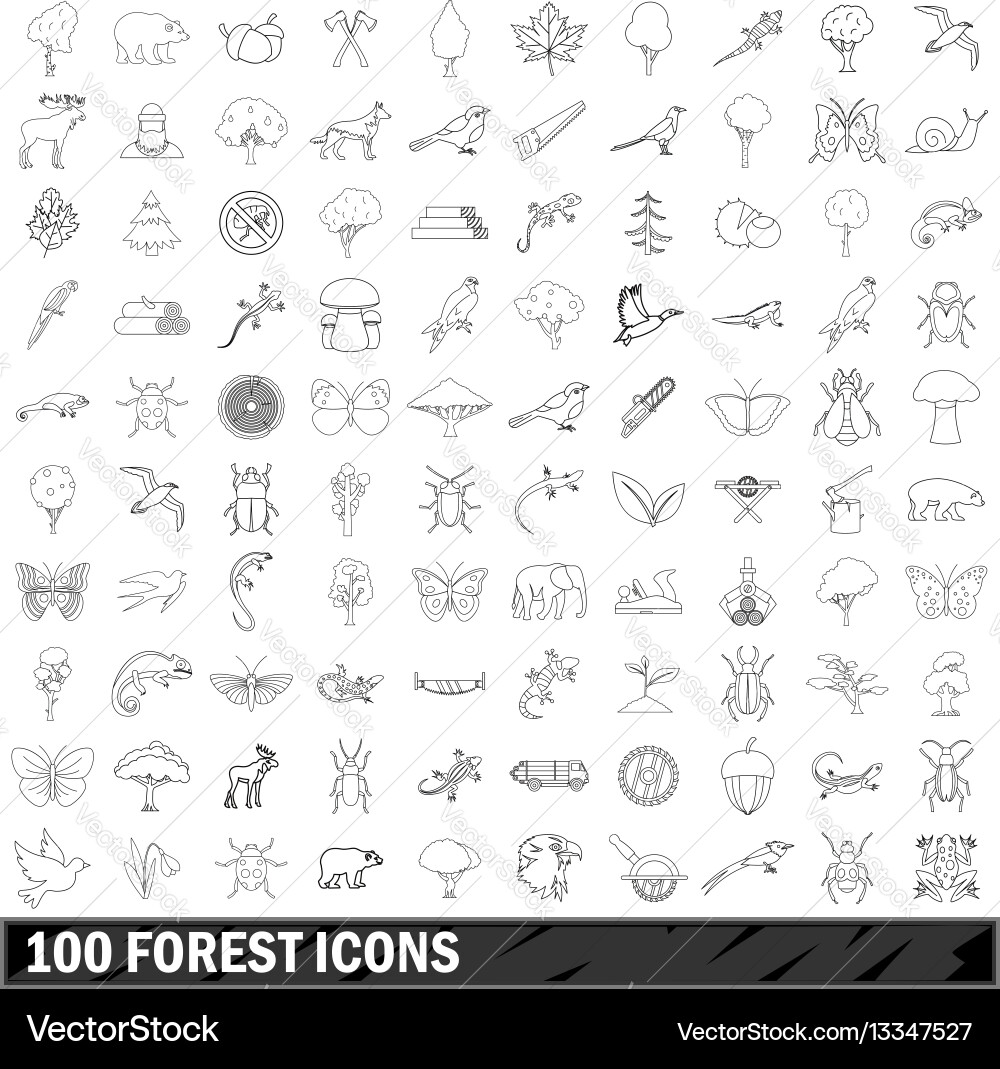 100 forest icons set outline style Royalty Free Vector Image