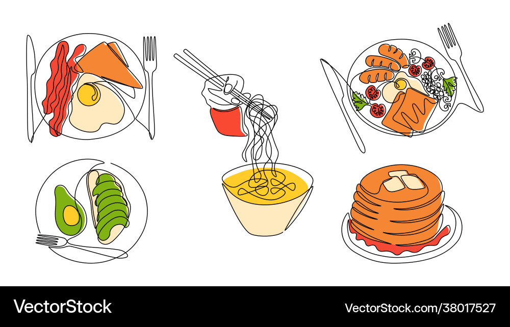 Continuous line breakfast one line morning food Vector Image