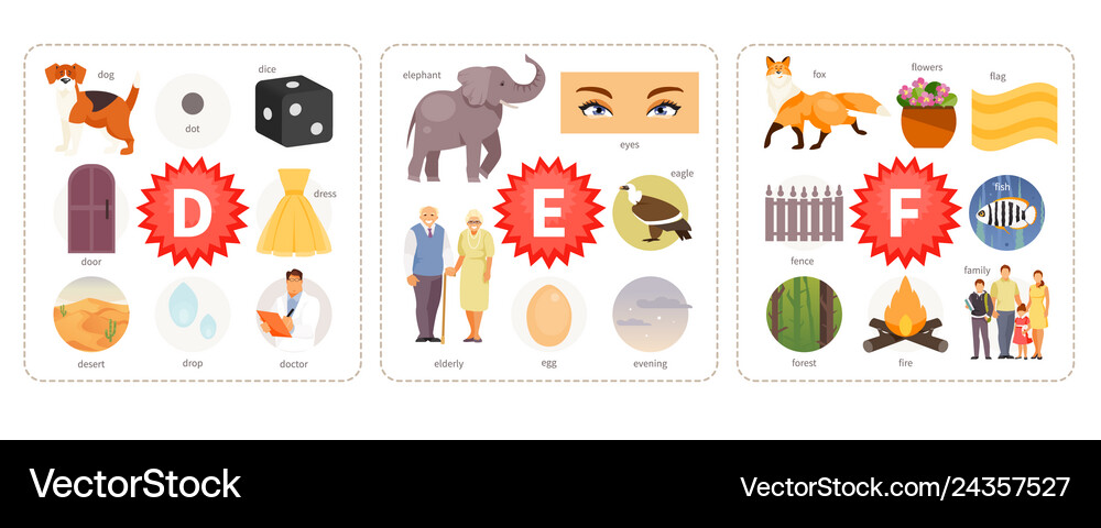 Pictures to letters d e f Royalty Free Vector Image