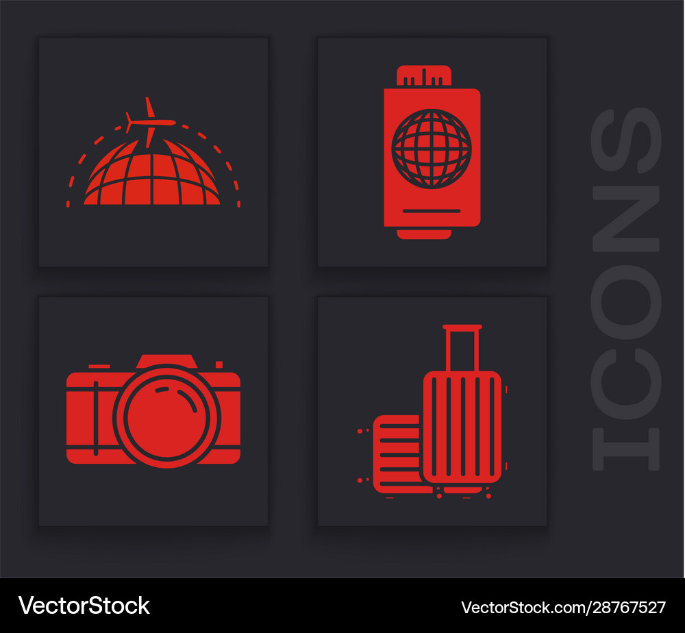 Set suitcase for travel globe with flying plane Vector Image