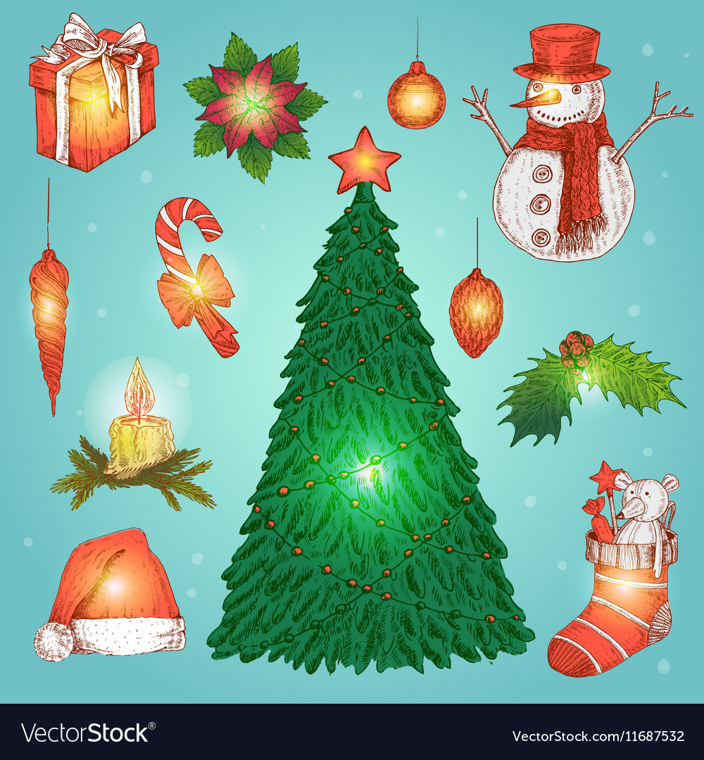 Hand drawn christmas decorations set Royalty Free Vector