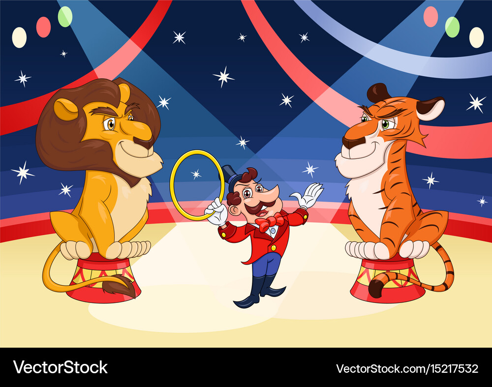 Handler with lion and tiger at circus 2 Royalty Free Vector
