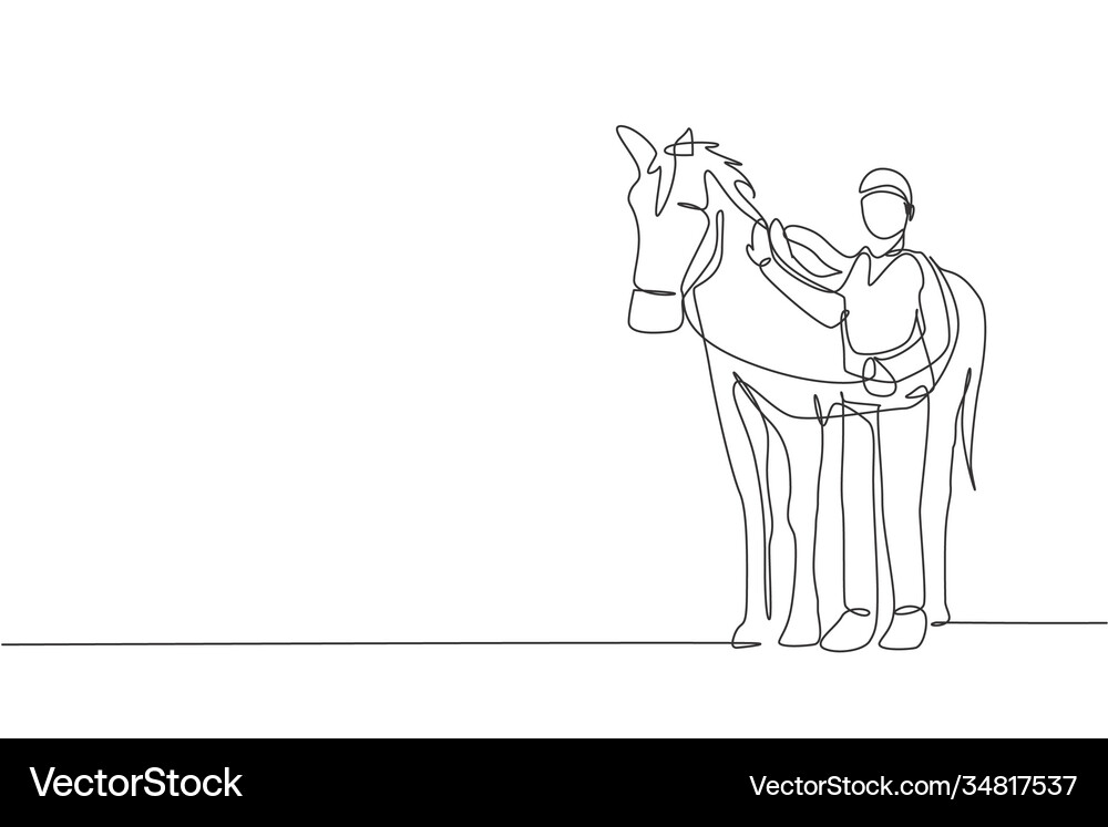 One continuous line drawing young horse rider Vector Image
