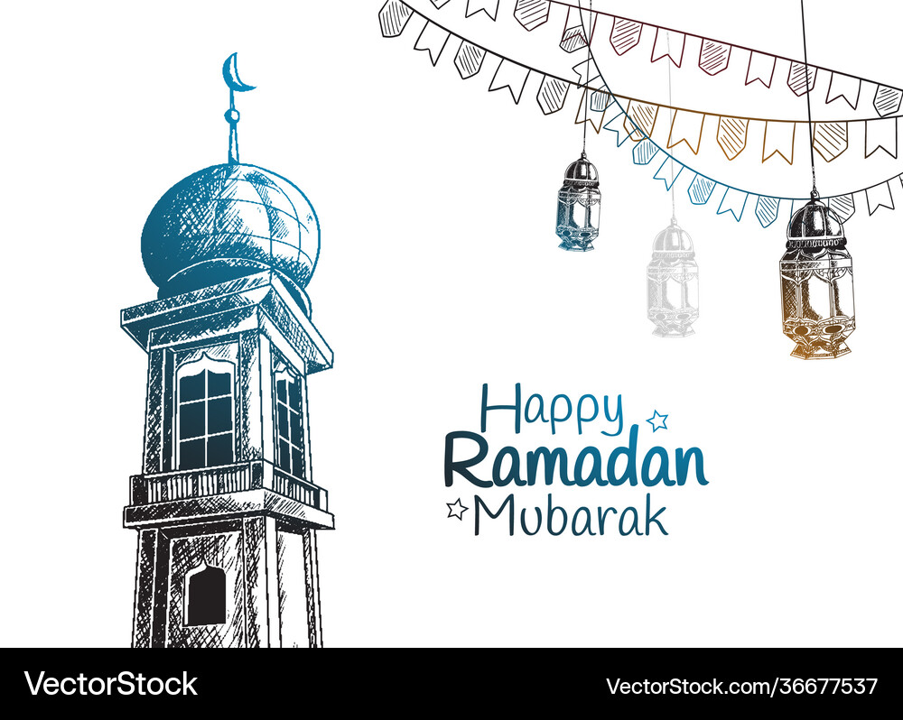 Ramadan mubarak mosque tower lantern and ribbon Vector Image