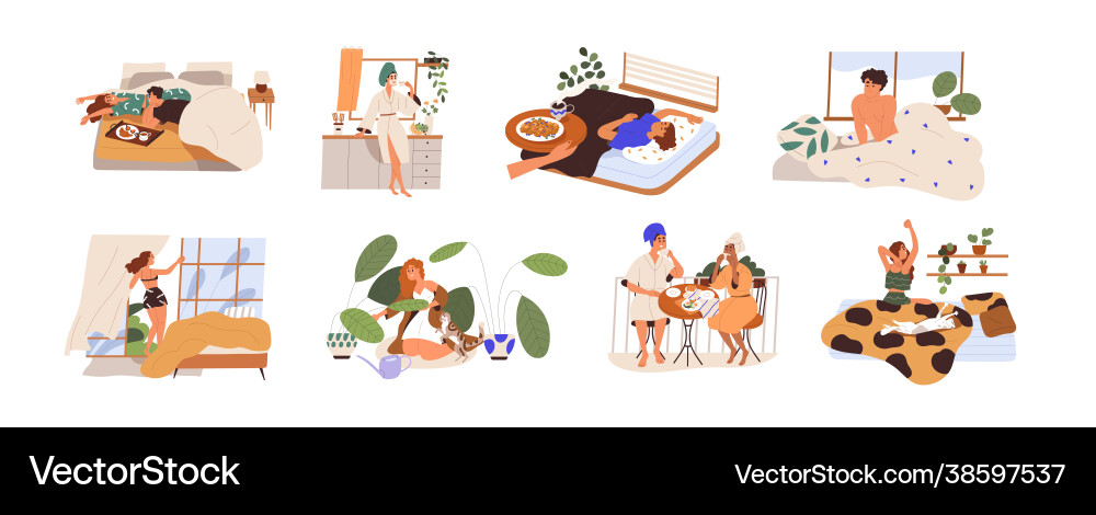 Set happy people and their morning routine Vector Image