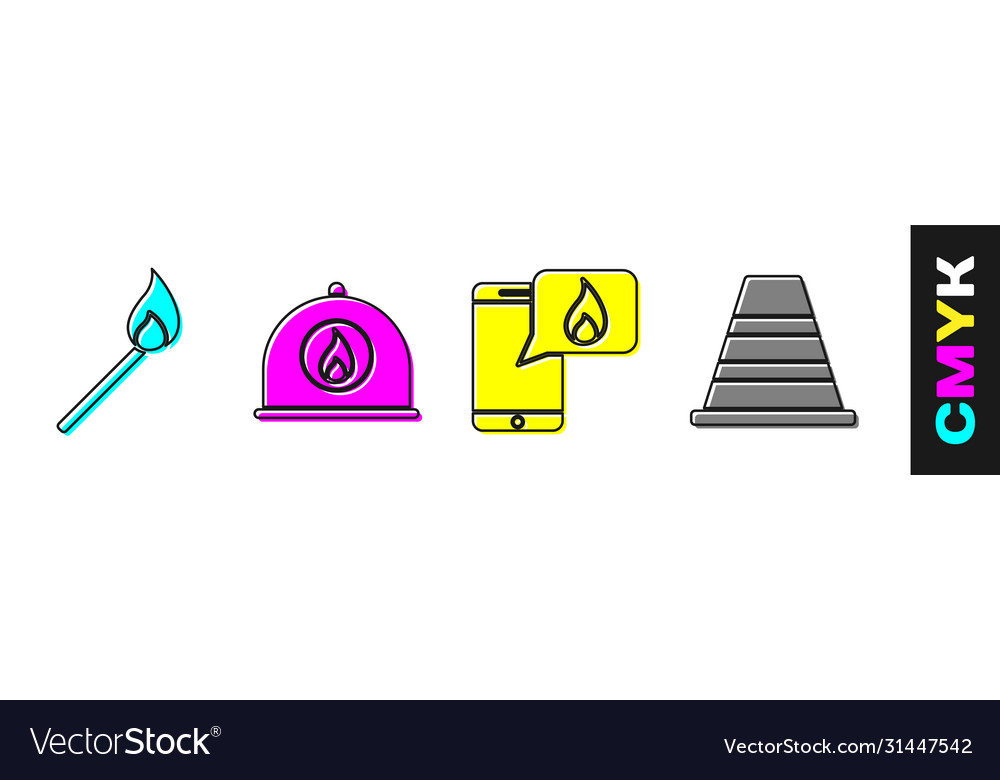 Set burning match with fire firefighter helmet Vector Image