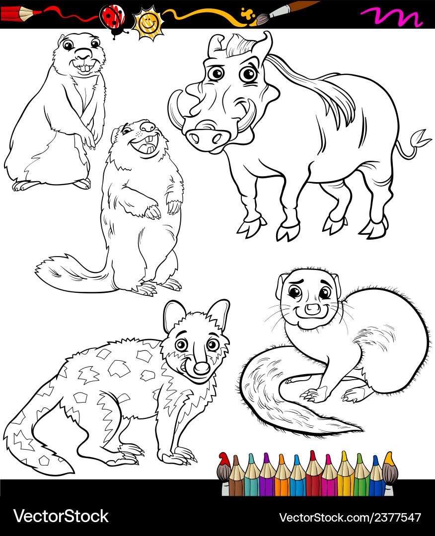 Animals set cartoon coloring book Royalty Free Vector Image
