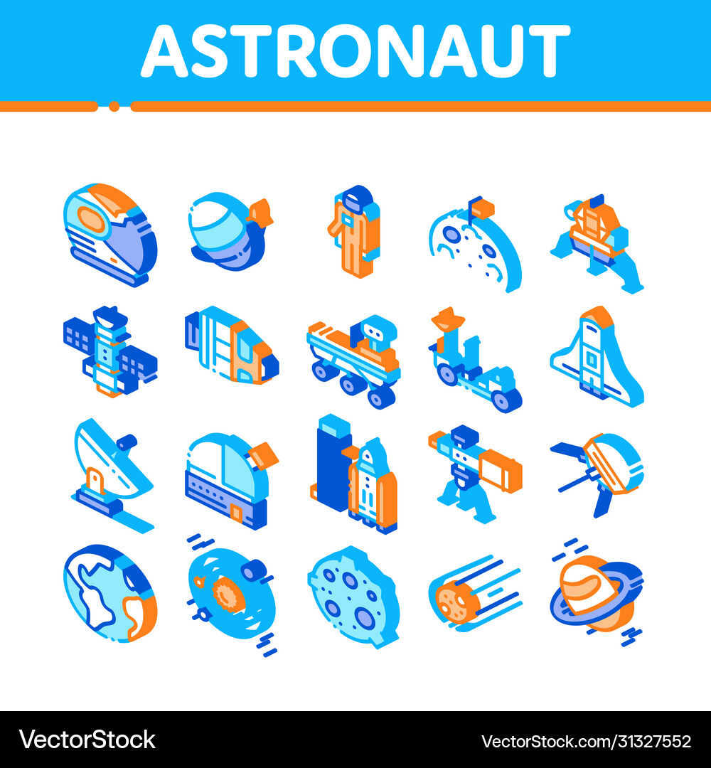 Astronaut equipment isometric icons set Royalty Free Vector