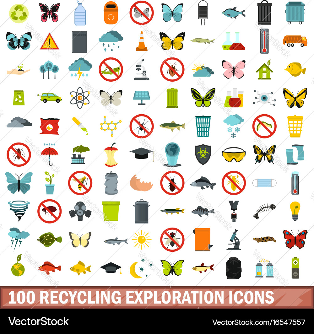 100 recycling exploration icons set flat style Vector Image