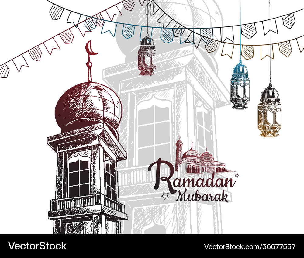 Ramadan mubarak mosque tower lantern and ribbon Vector Image