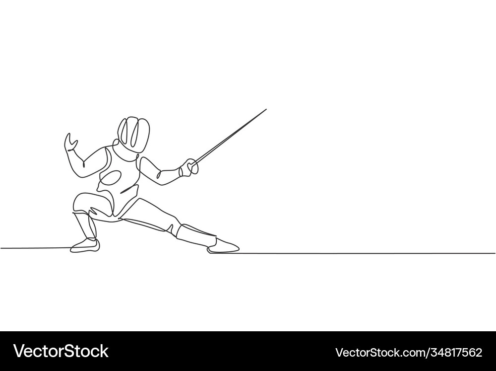 One continuous line drawing young man fencing Vector Image