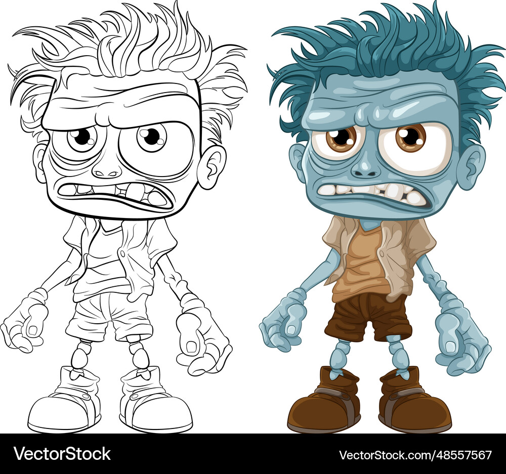 Grumpy zombie man cartoon character with blue skin