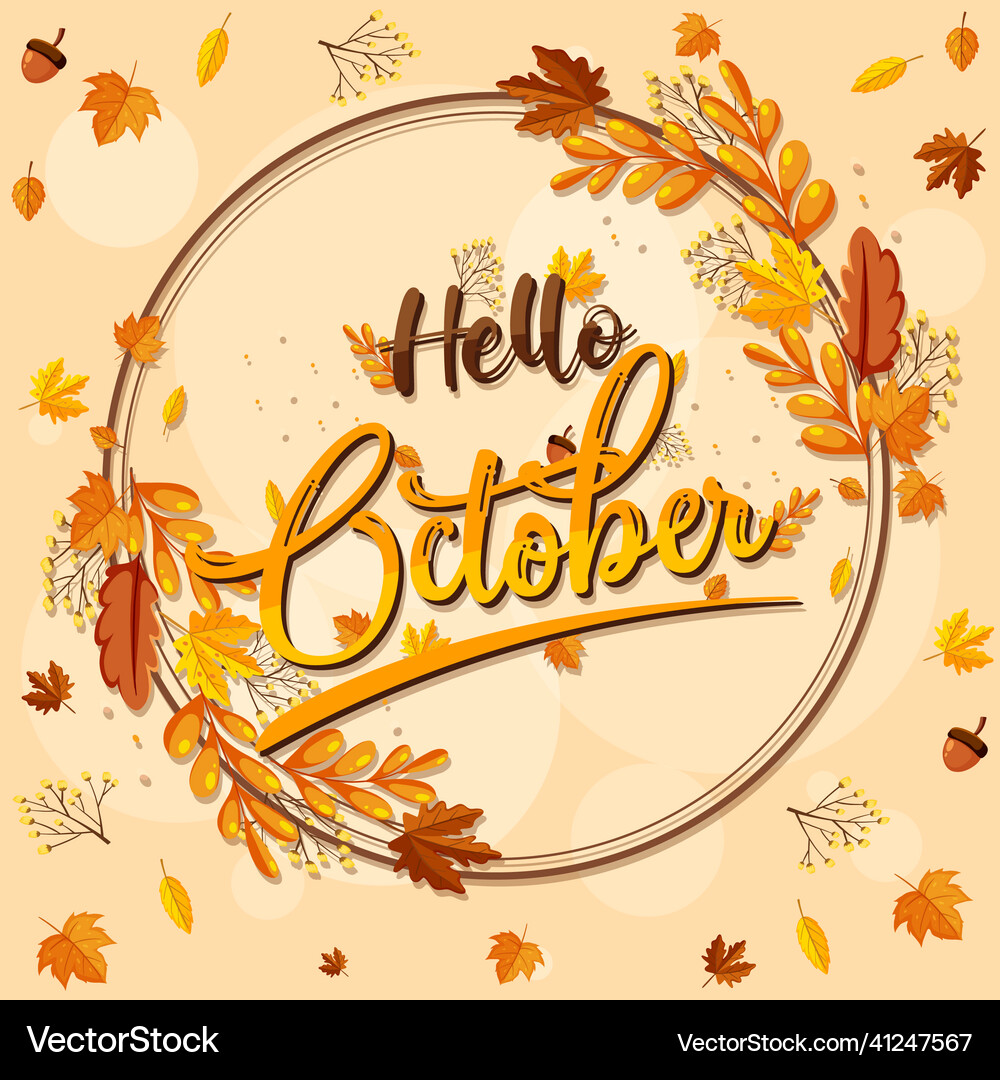 Hello october logo with ornamental autumn leaf Vector Image