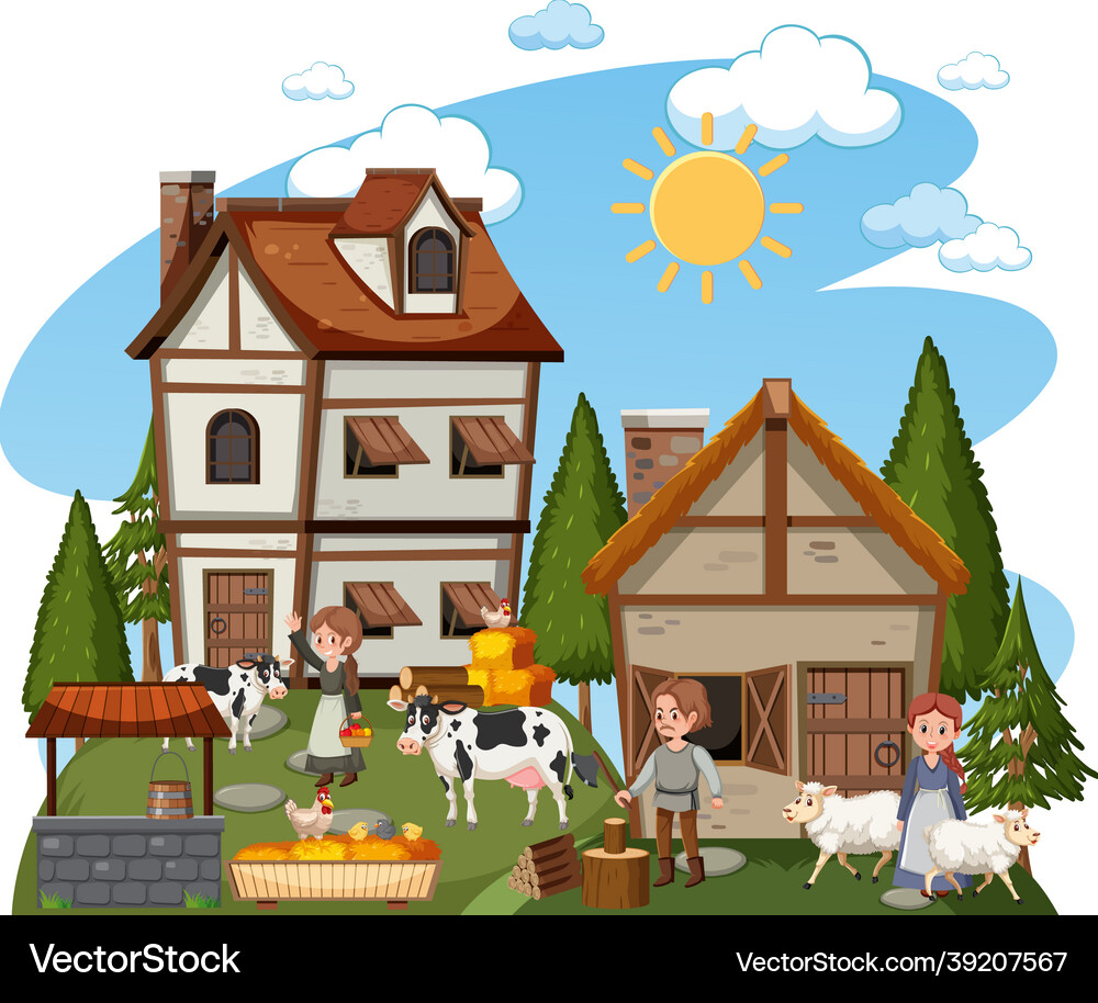 Medieval village with villagers on white Vector Image
