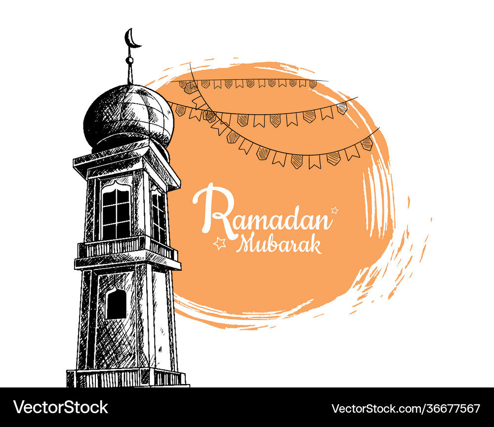 Ramadan mubarak mosque tower and ribbon isolated Vector Image