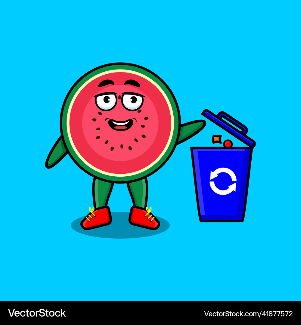 Cute cartoon watermelon throwing trash in trash Vector Image