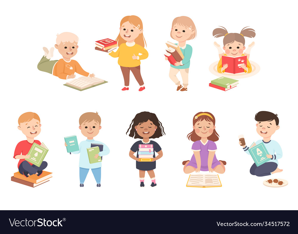 Happy little children reading books set preschool Vector Image