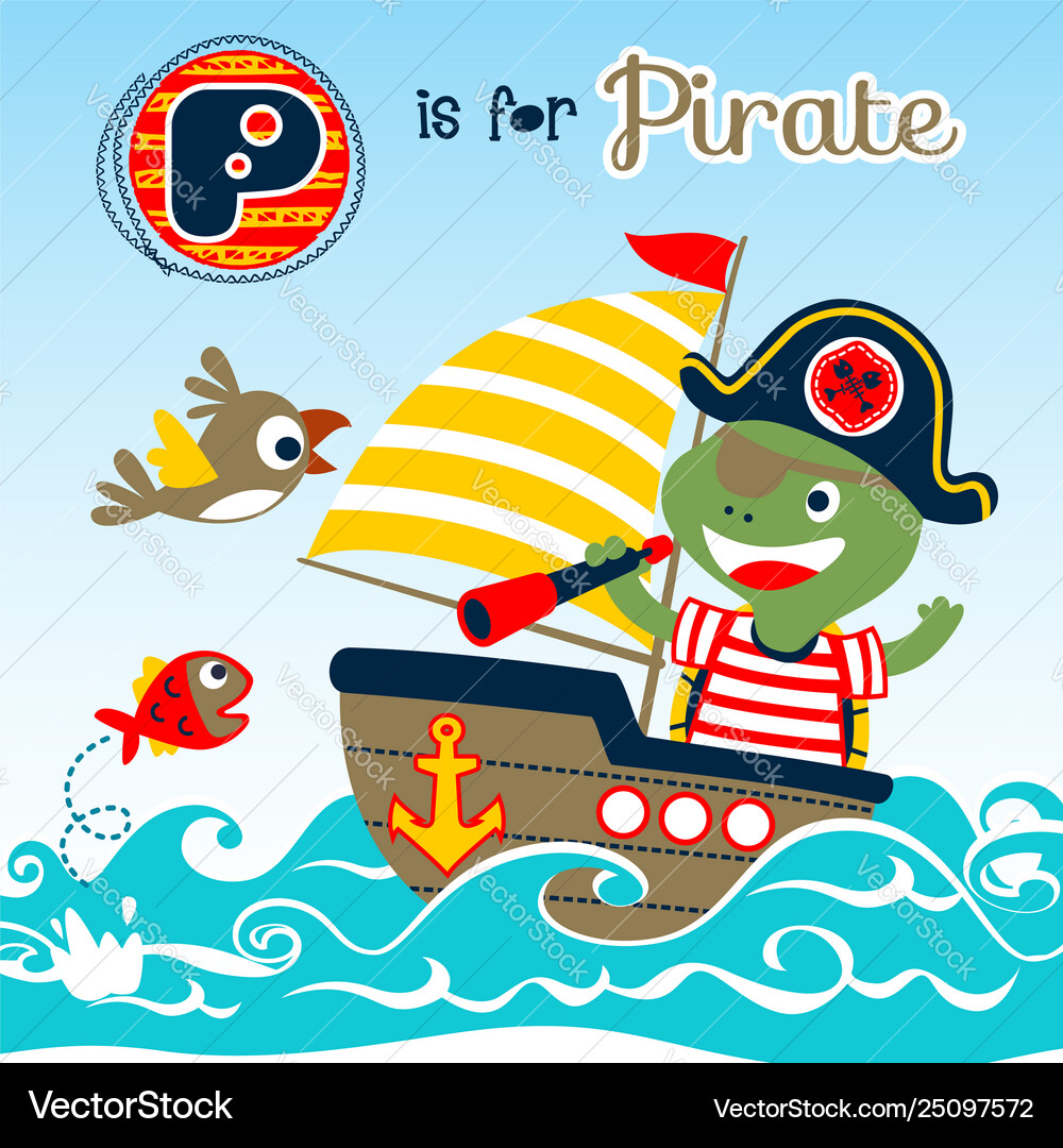Turtle pirate cartoon on sail boat Royalty Free Vector Image