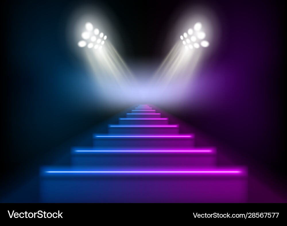 3d glowing neon stairs illuminated by spotlights Vector Image