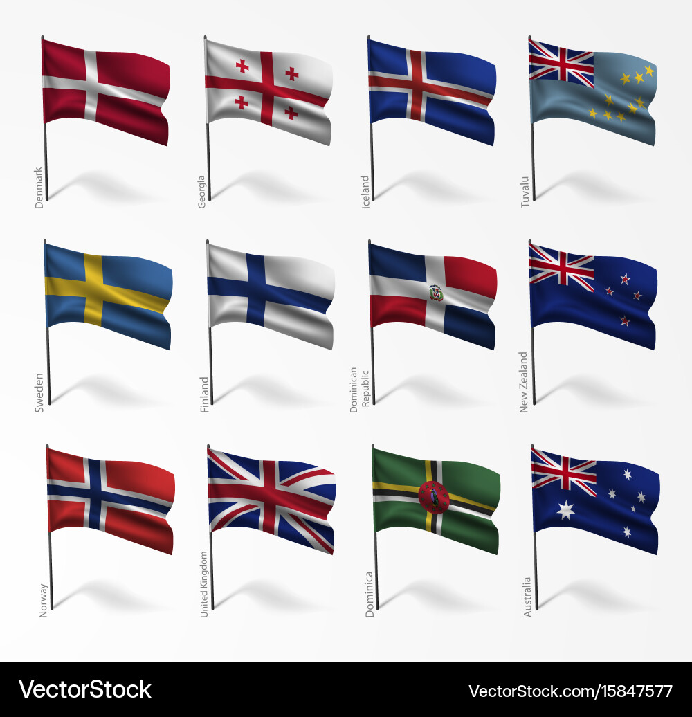 Collection of flags world on flagpole Royalty Free Vector