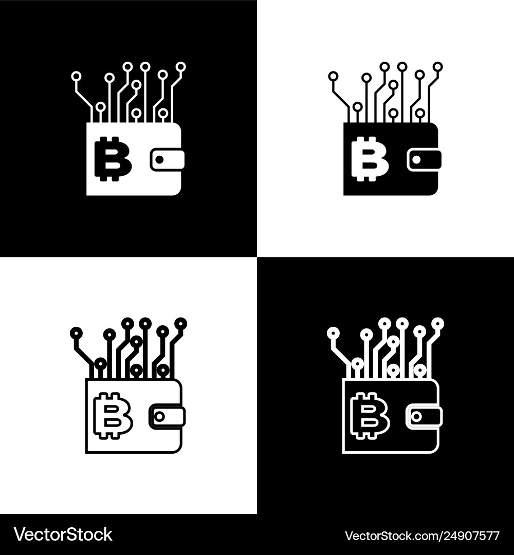 Set cryptocurrency wallet icons on black and white