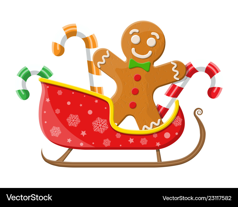 Gingerbread man cookie candycane in santa sleigh Vector Image