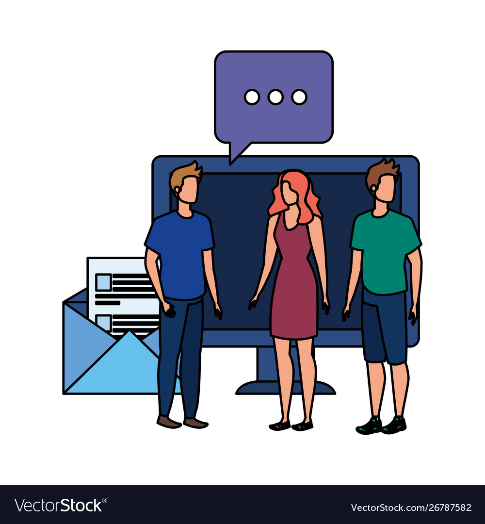 Group people with desktop computer Royalty Free Vector Image