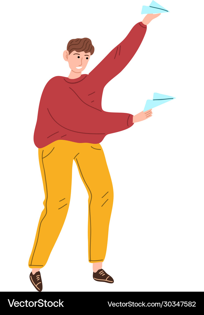 Happy kid boy playing paper planes outdoors Vector Image