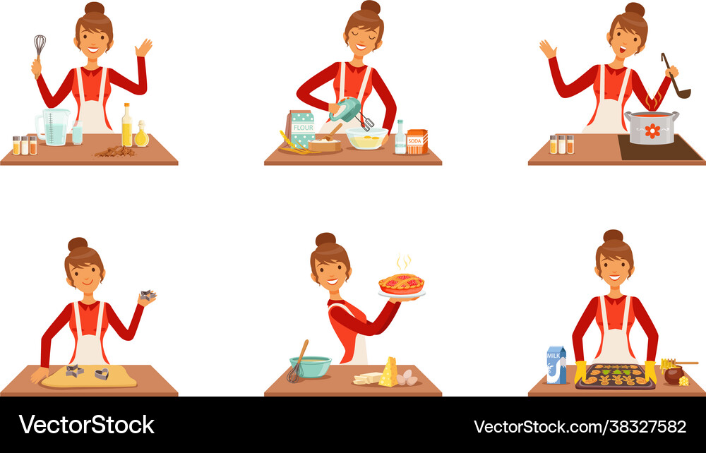 Smiling woman cooking at kitchen table set Vector Image