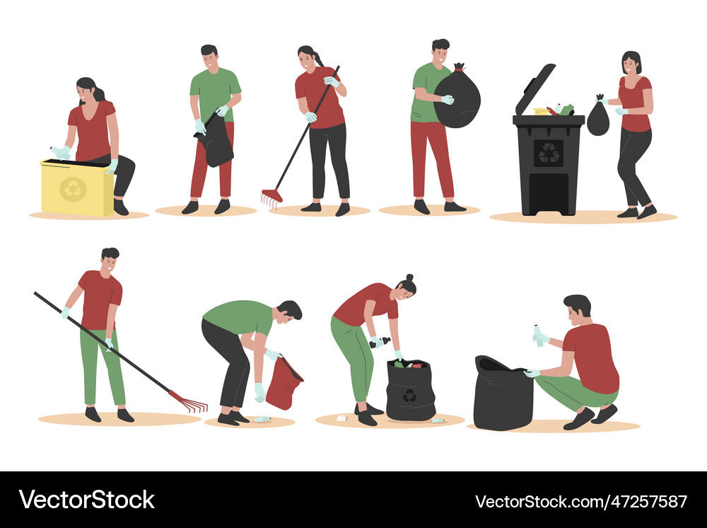 Flat design of people cleaning trash set Vector Image