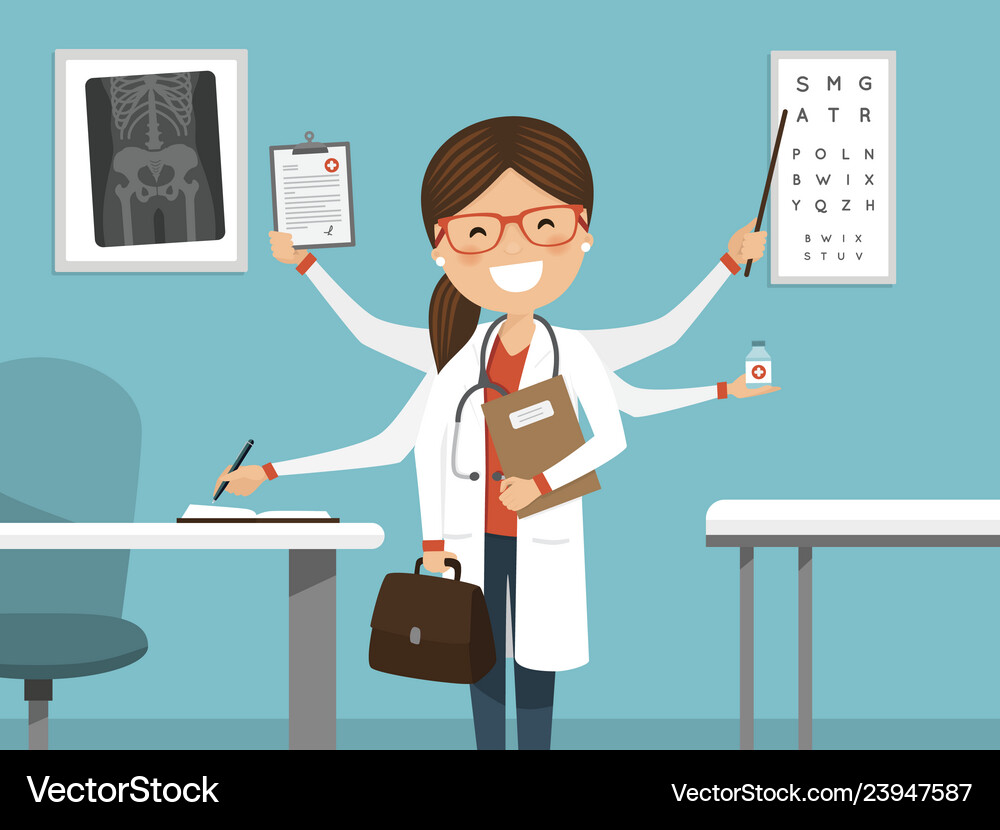 Multitasking busy female doctor smiling Royalty Free Vector