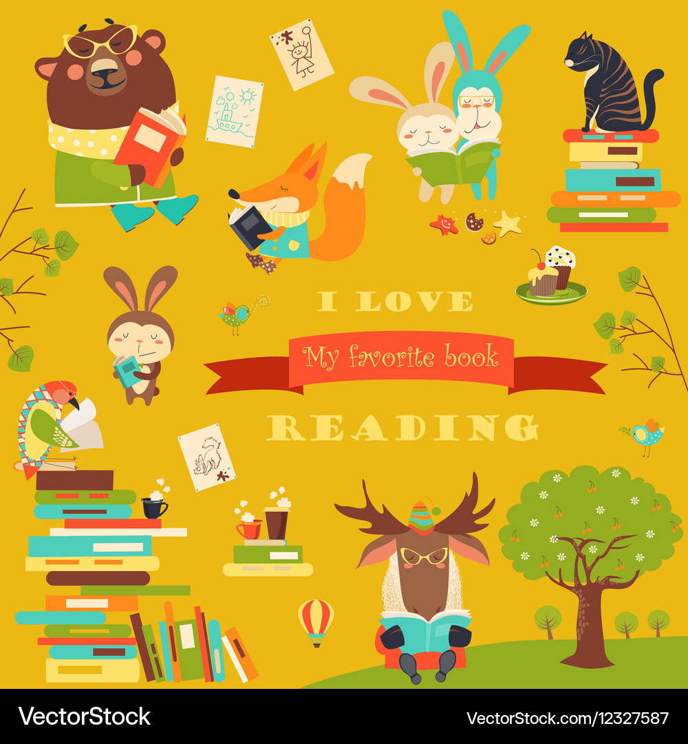 Set cartoon animals reading books Royalty Free Vector Image