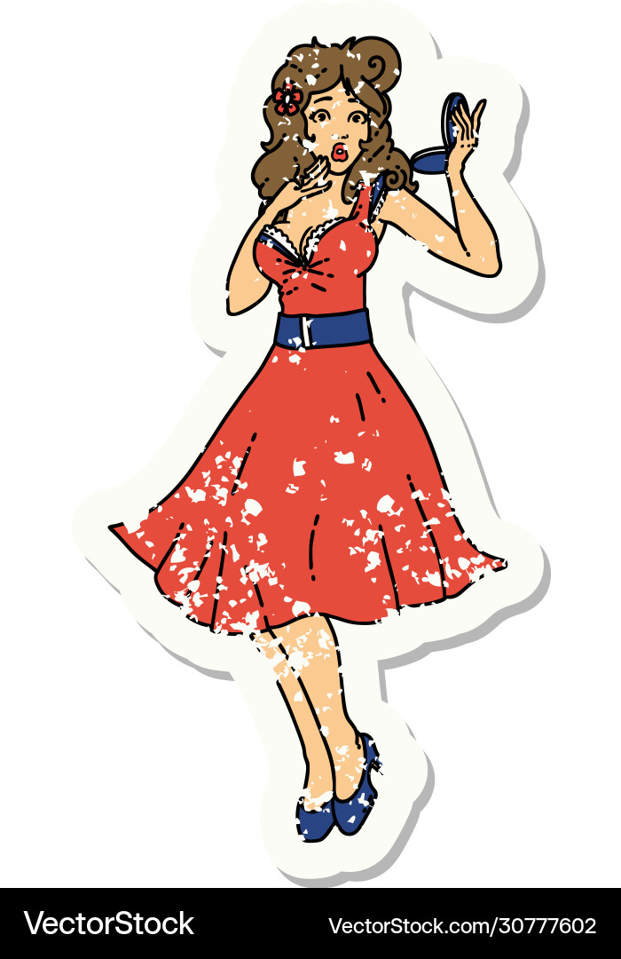 Distressed sticker tattoo a pinup surprised Vector Image