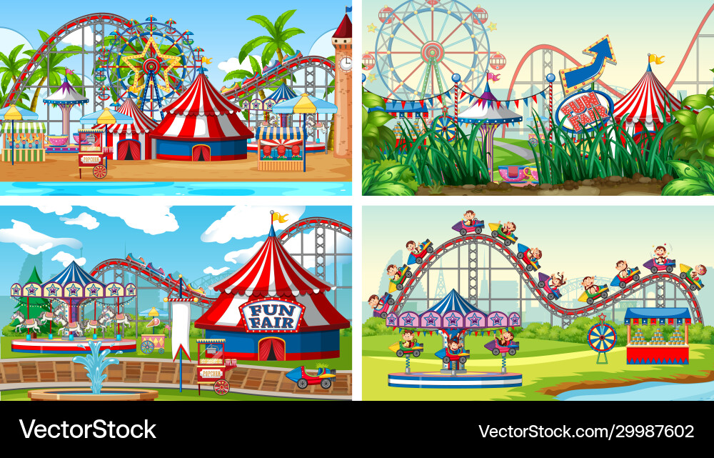 Four scenes with many rides in fun fair Royalty Free Vector