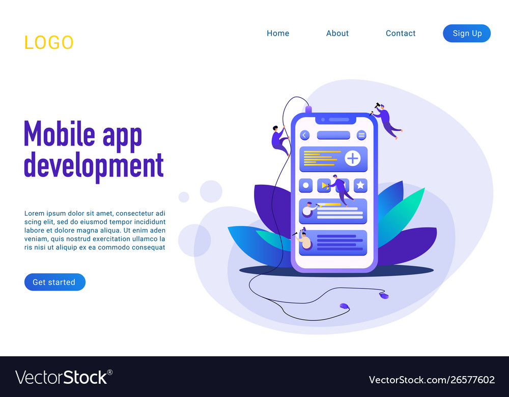 Mobile app development landing page isometric Vector Image