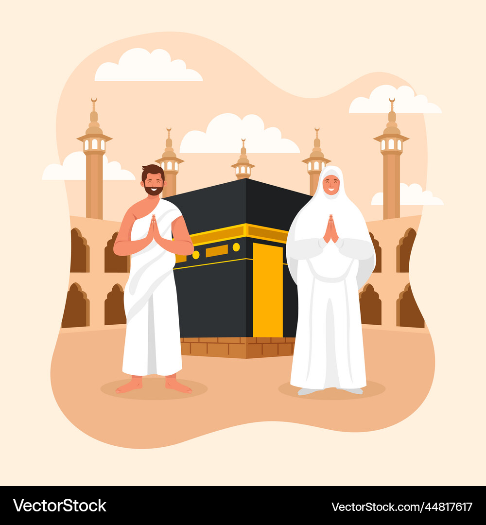 Flat hajj with people praying mecca Royalty Free Vector