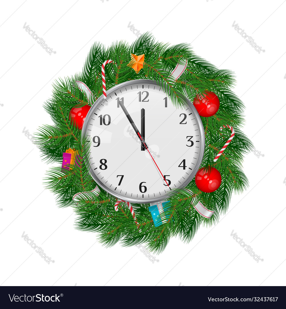 Realistic christmas wreath with clock showing 5 Vector Image