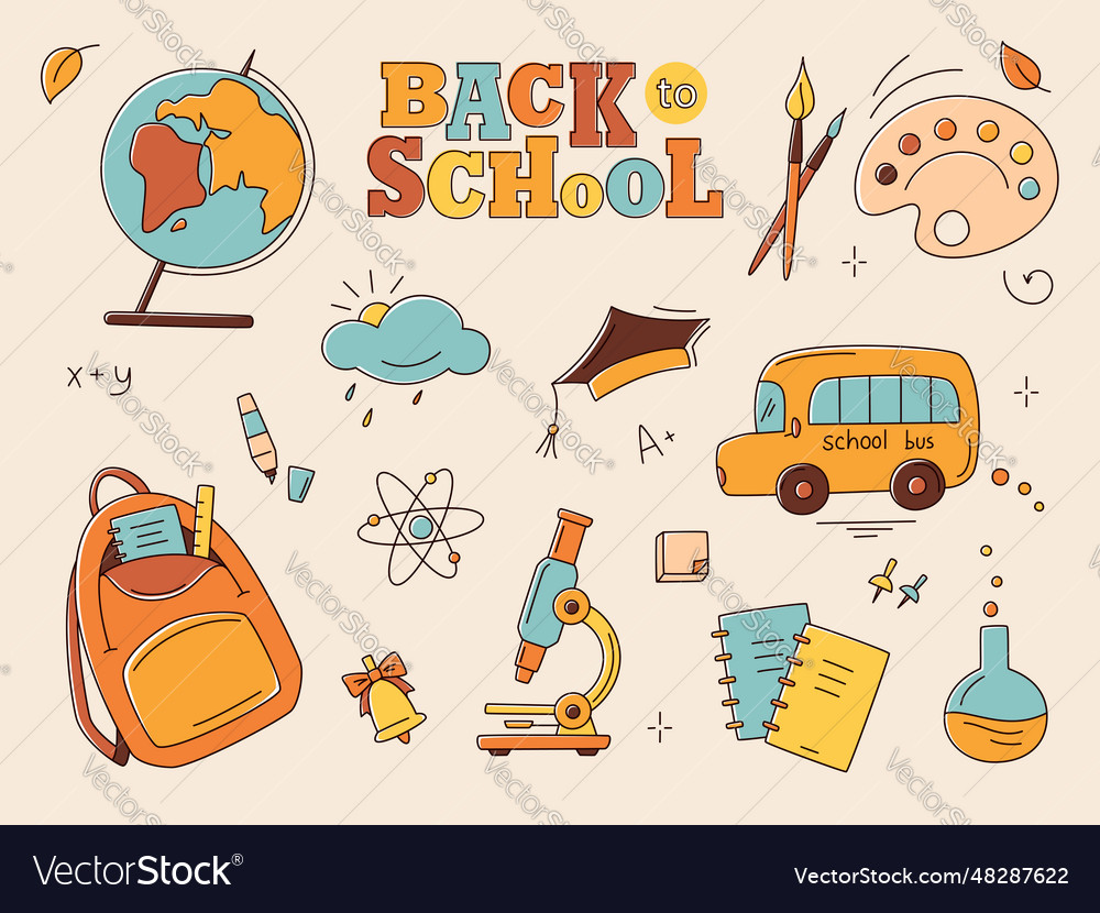 School doodle color collection with bus Royalty Free Vector