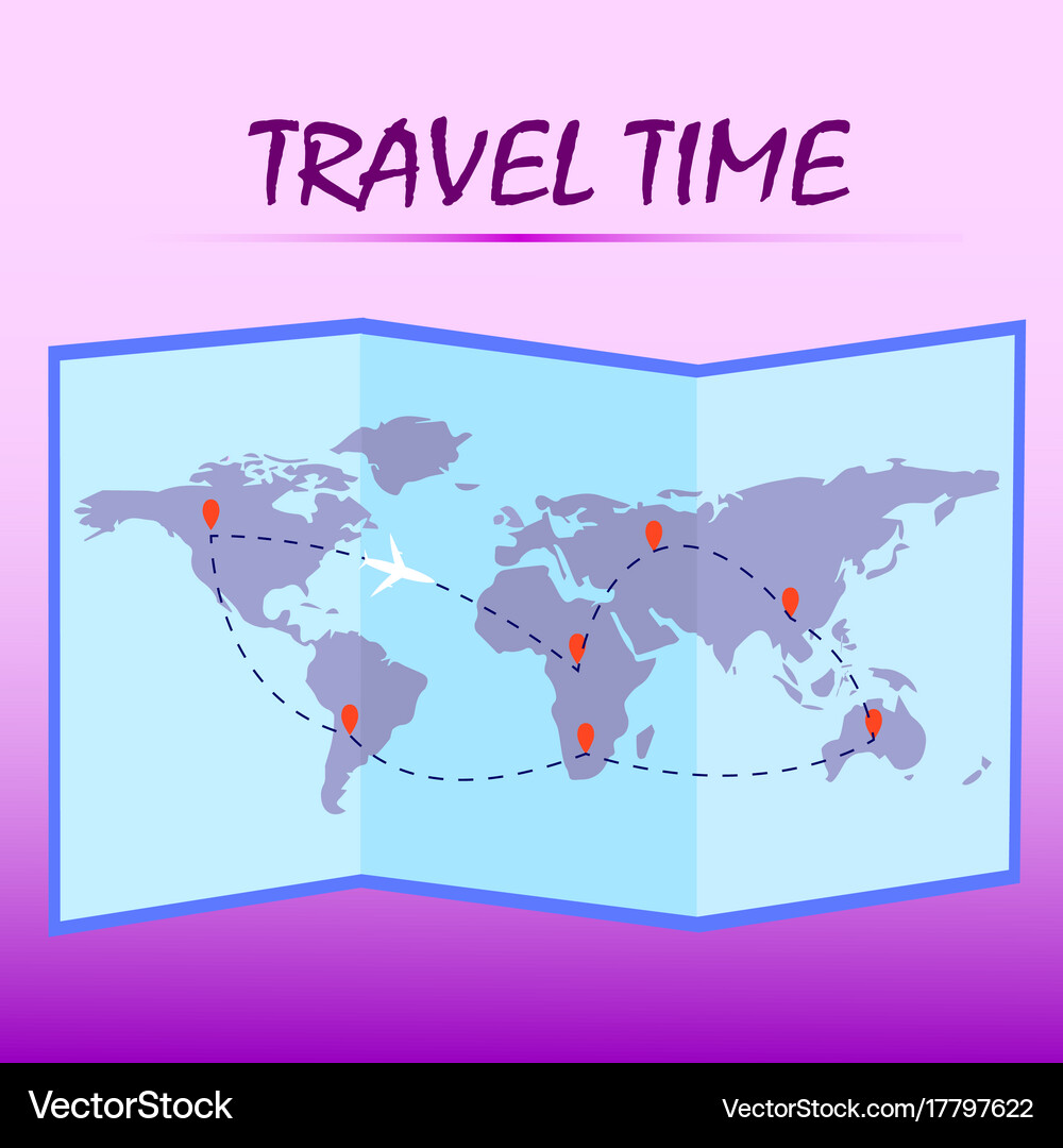 Travel timefolded world map with route on pink Vector Image