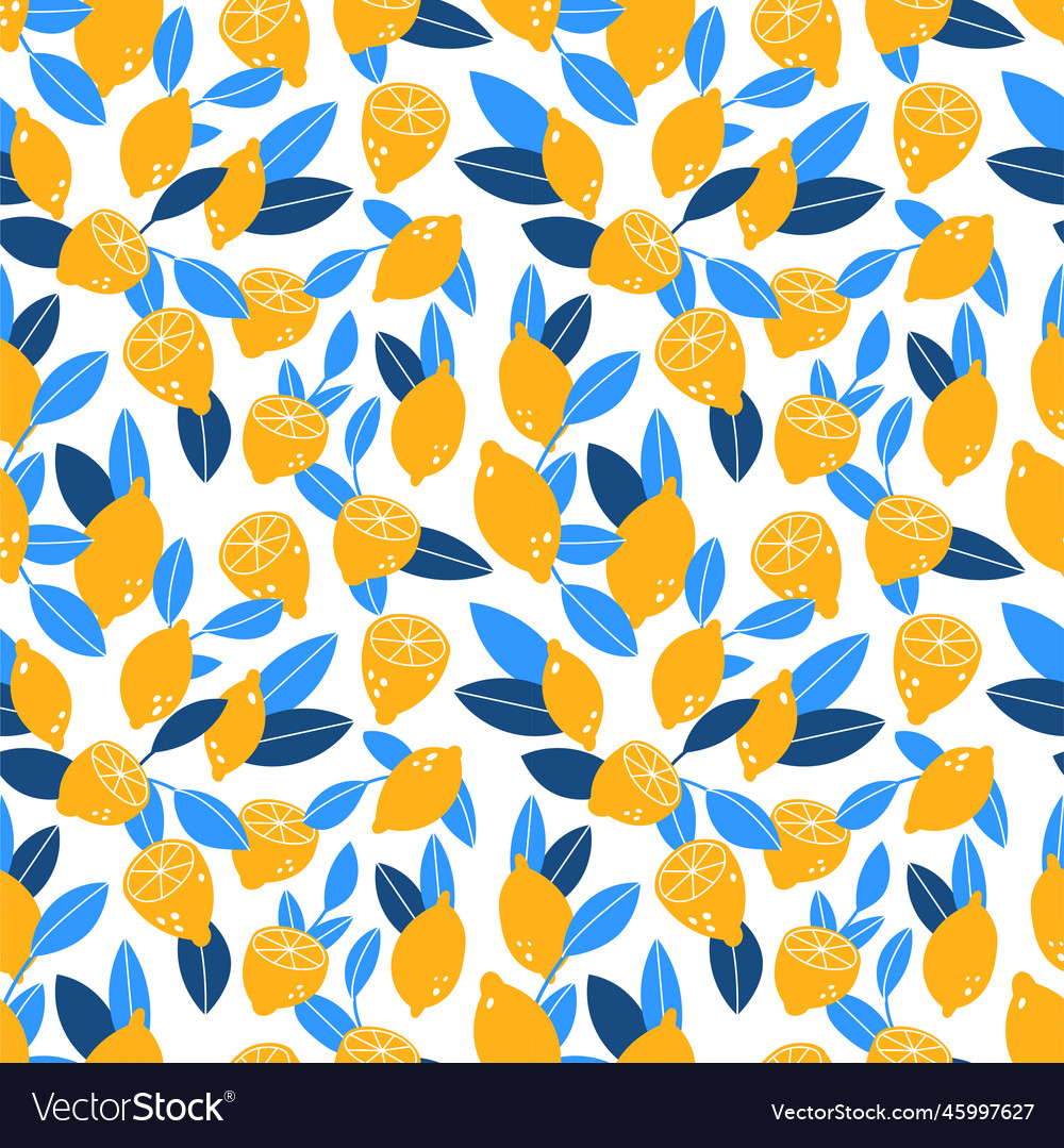 Lemon and blue leaves fruit pattern summer print Vector Image
