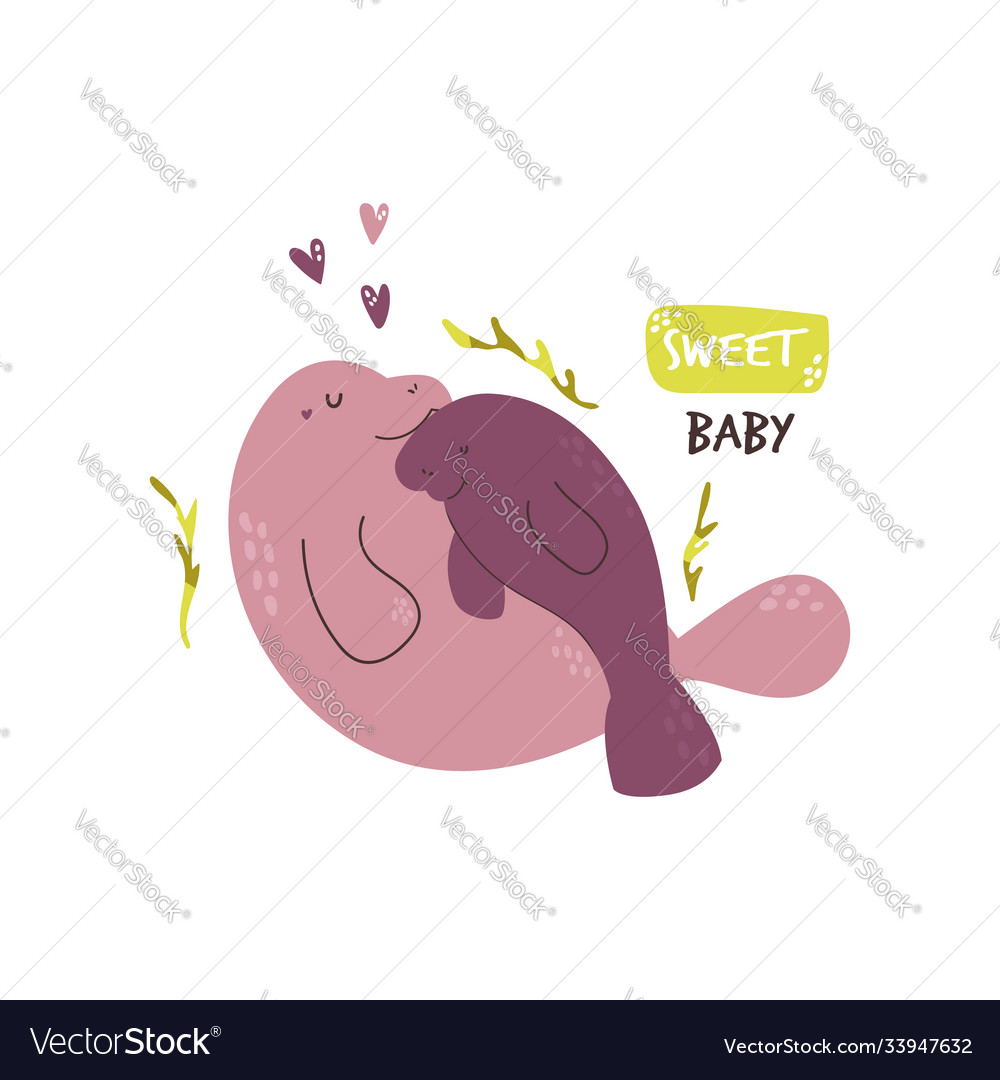 Cute happy manatee family baby cartoon design Vector Image