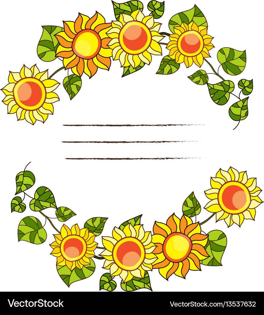 Round frame with sunflowers and green leaves Vector Image
