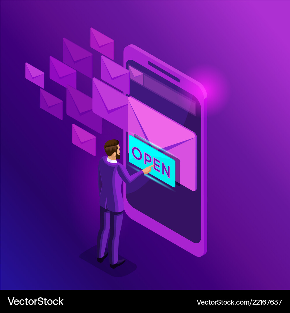 Isometric business men look email inbox electronic