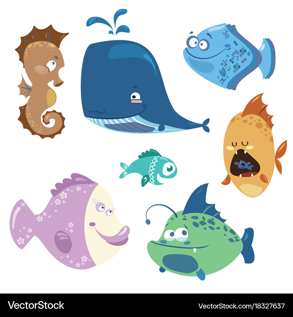 Set cartoon fish collection cute colored Vector Image