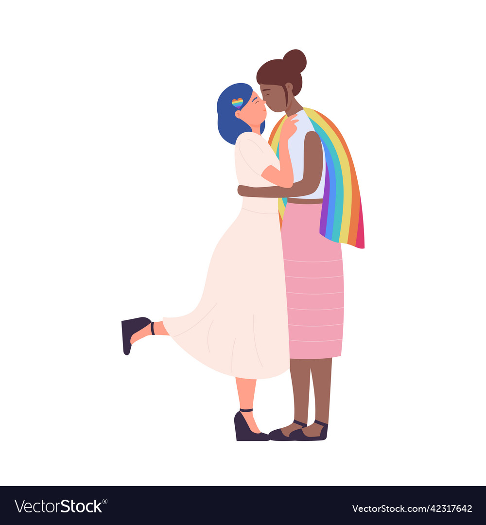 Hugging happy lesbian couple with rainbow flag Vector Image