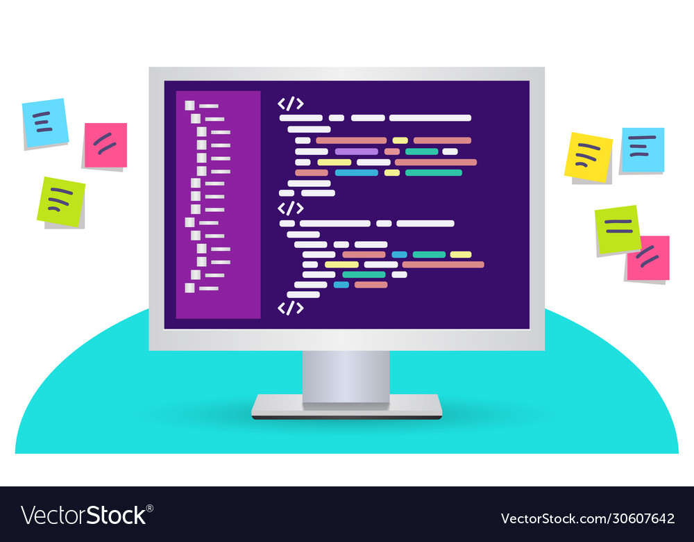 Personal computer with a code page on desktop Vector Image