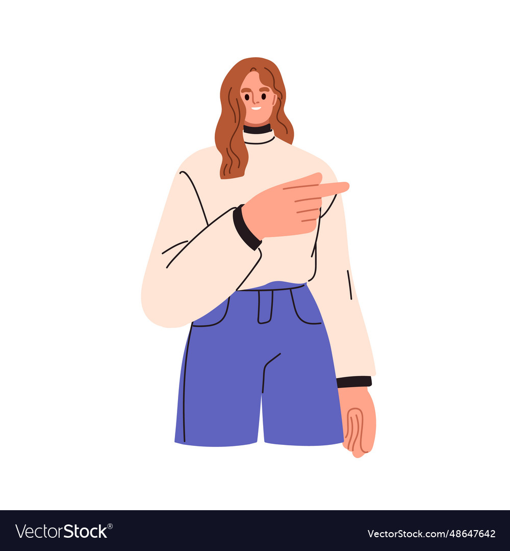 Woman pointing aside with finger happy girl Vector Image