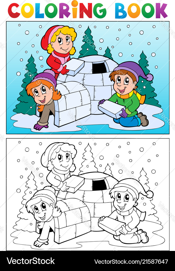 Winter Coloring Book Page - Kids & Snow Vector Image